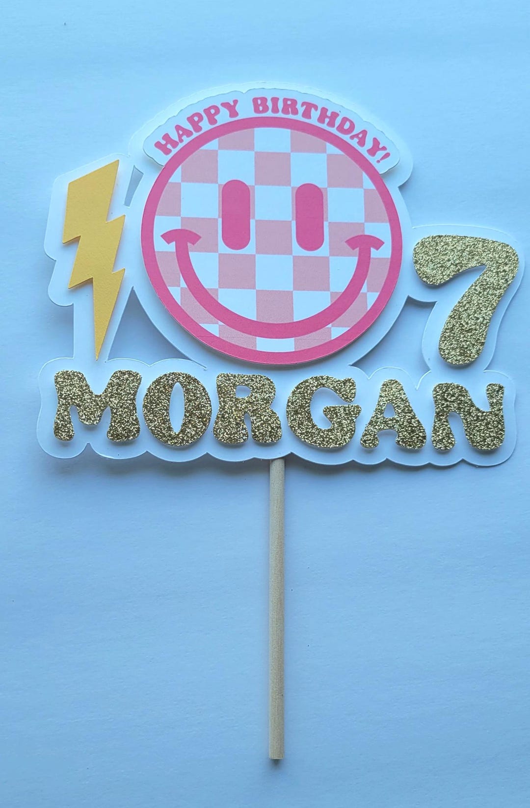 Preppy Smiley Face Lightning Bolt Custom Birthday Cake Topper. Name and ...