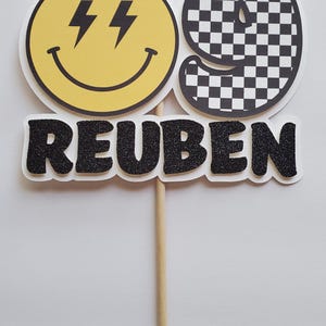 Smiley Face, Checkered Glitter Cake Topper With Name and Age. Custom ...