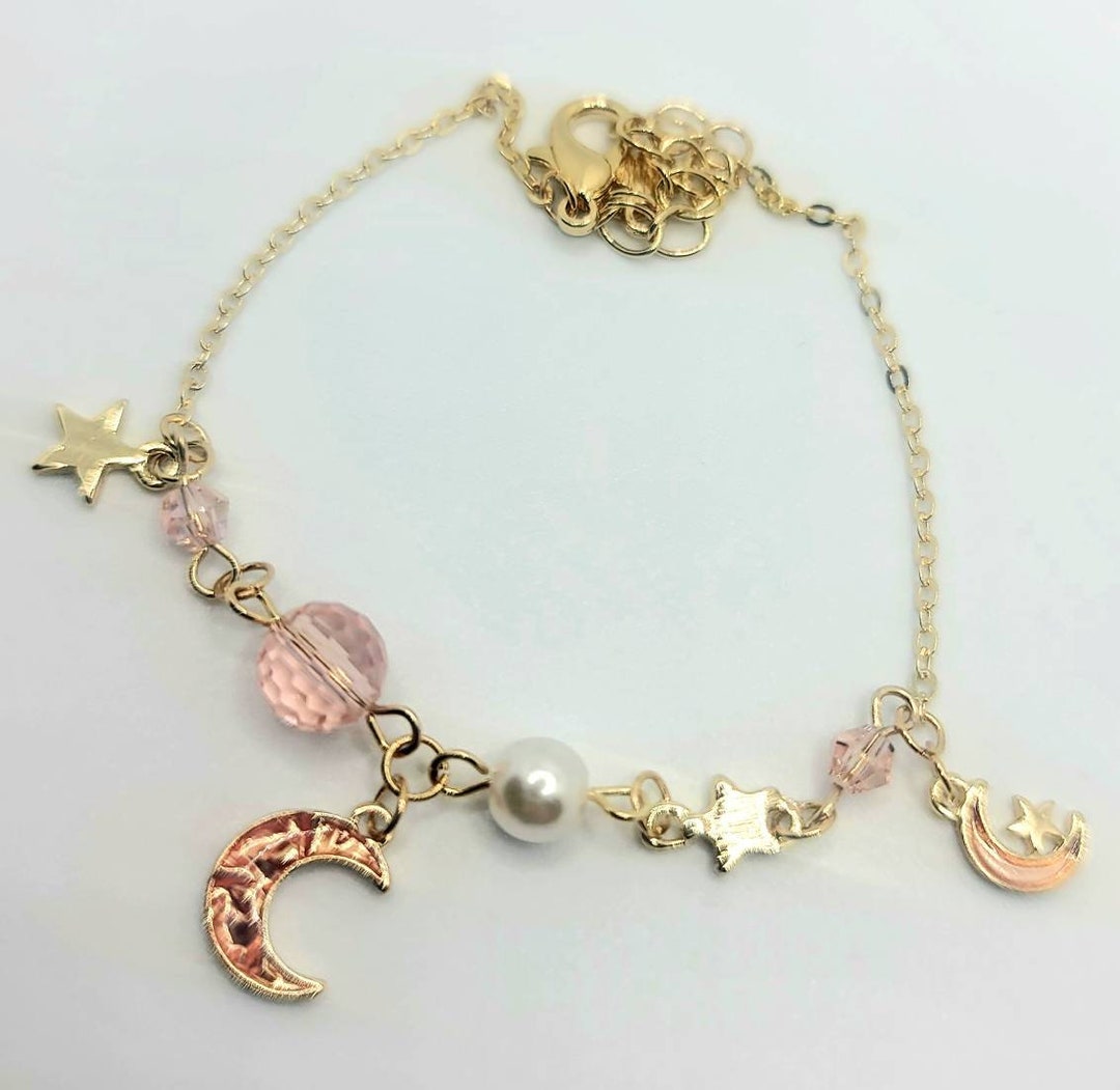 Pink Crescent Moon Bracelet Enamel Moon Stars Gold Plated Pearls ...