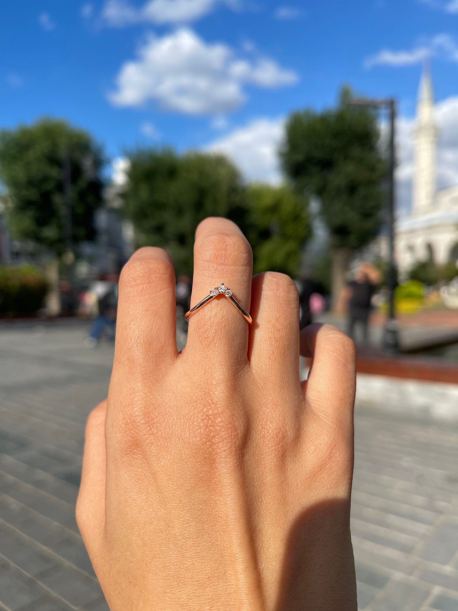 18K Dainty V Shaped Engagement Ring, 18K Solid Gold Chevron Wedding ...