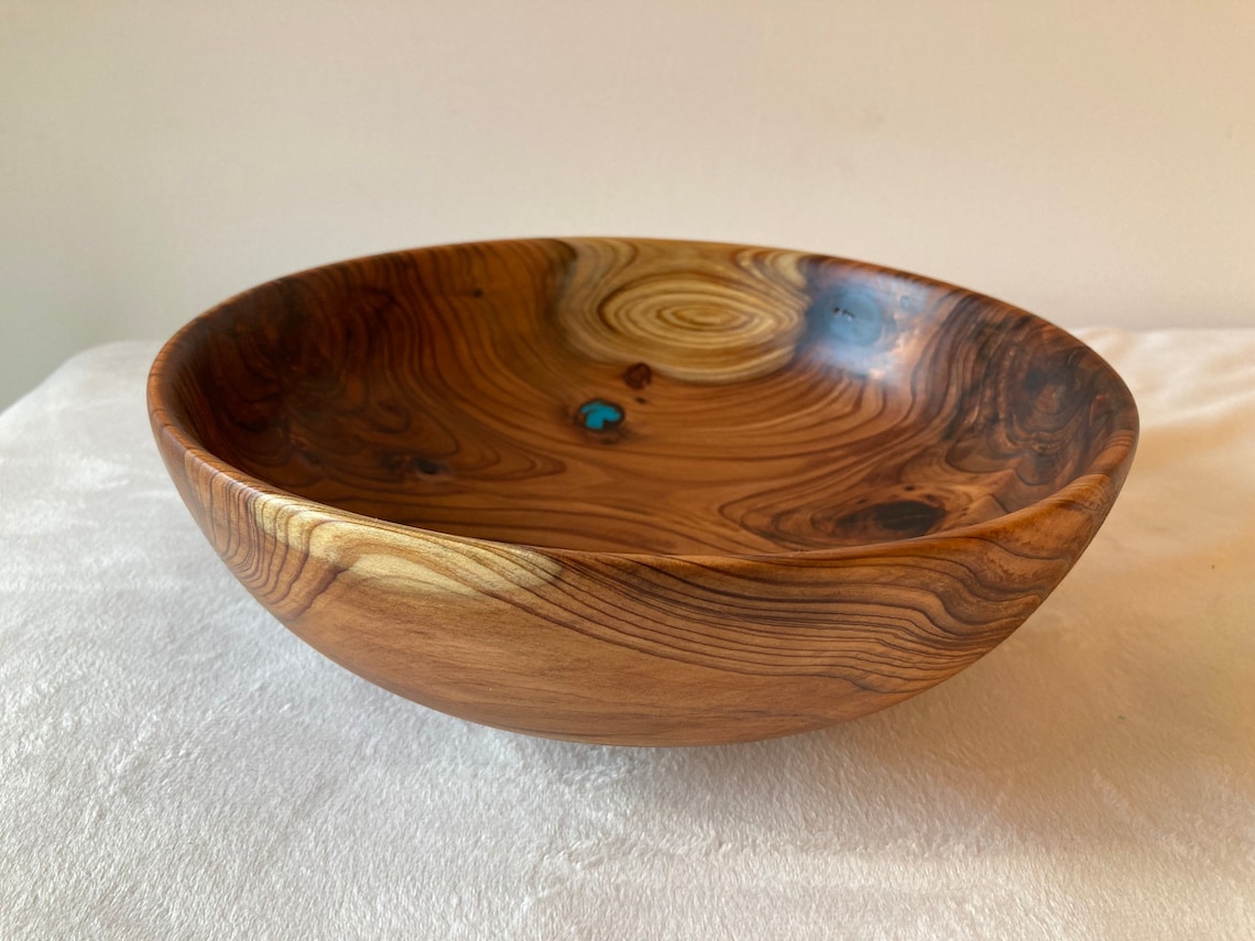 Handmade Sugi wood artisanal bowl with turquoise inlay | Etsy