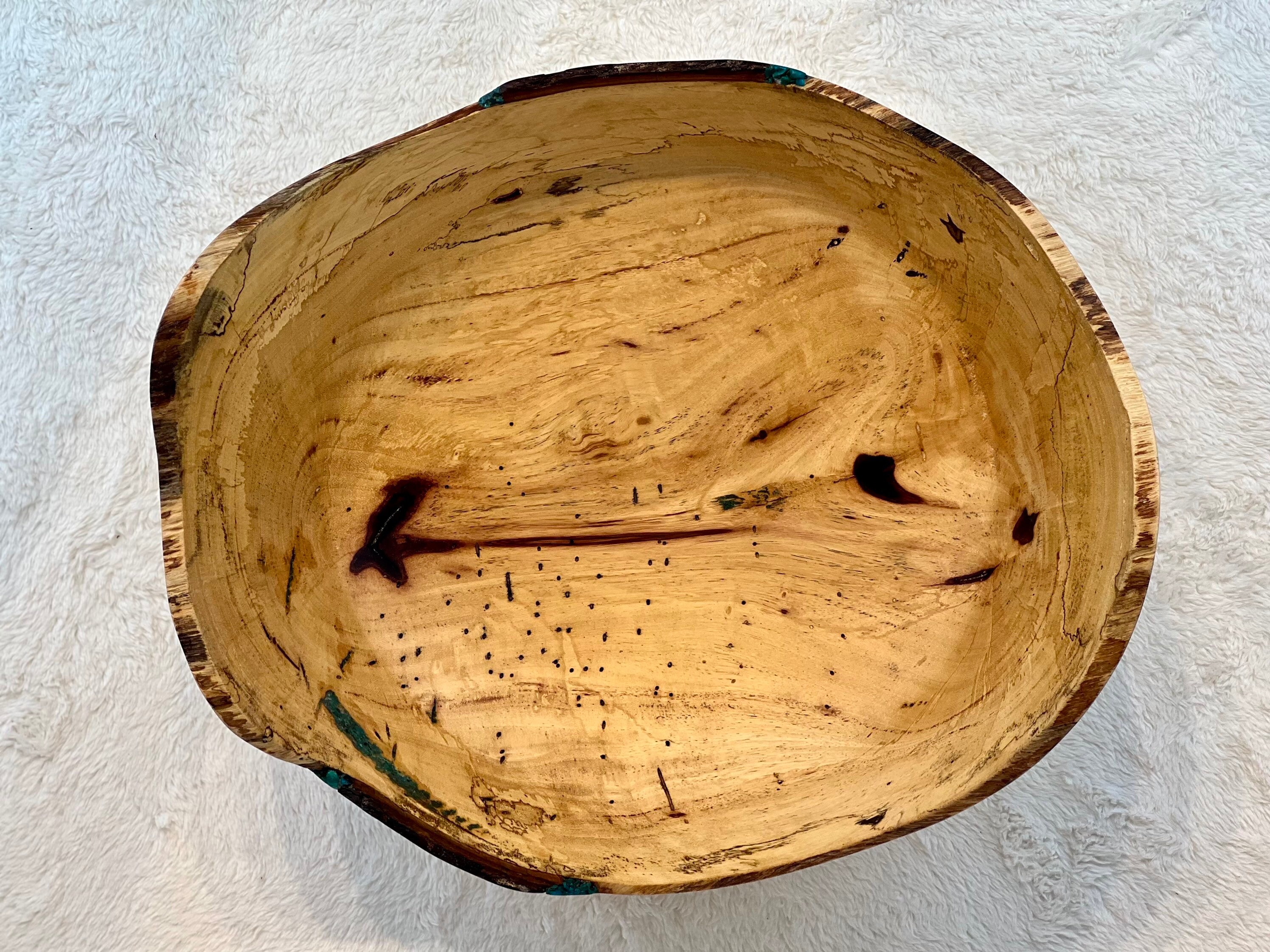 Large Natural Edge Tamarind Wood Bowl Detailed With Turquoise Gemstone ...
