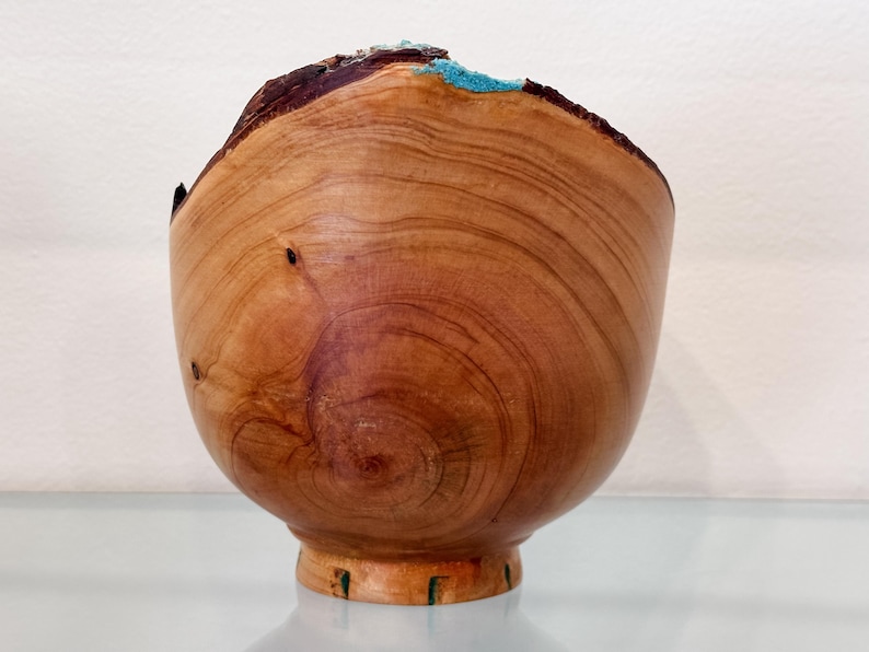 Hand-turned Cypress Wood Bowl: Natural Edge, Turquoise Inlay, Hawaiian ...