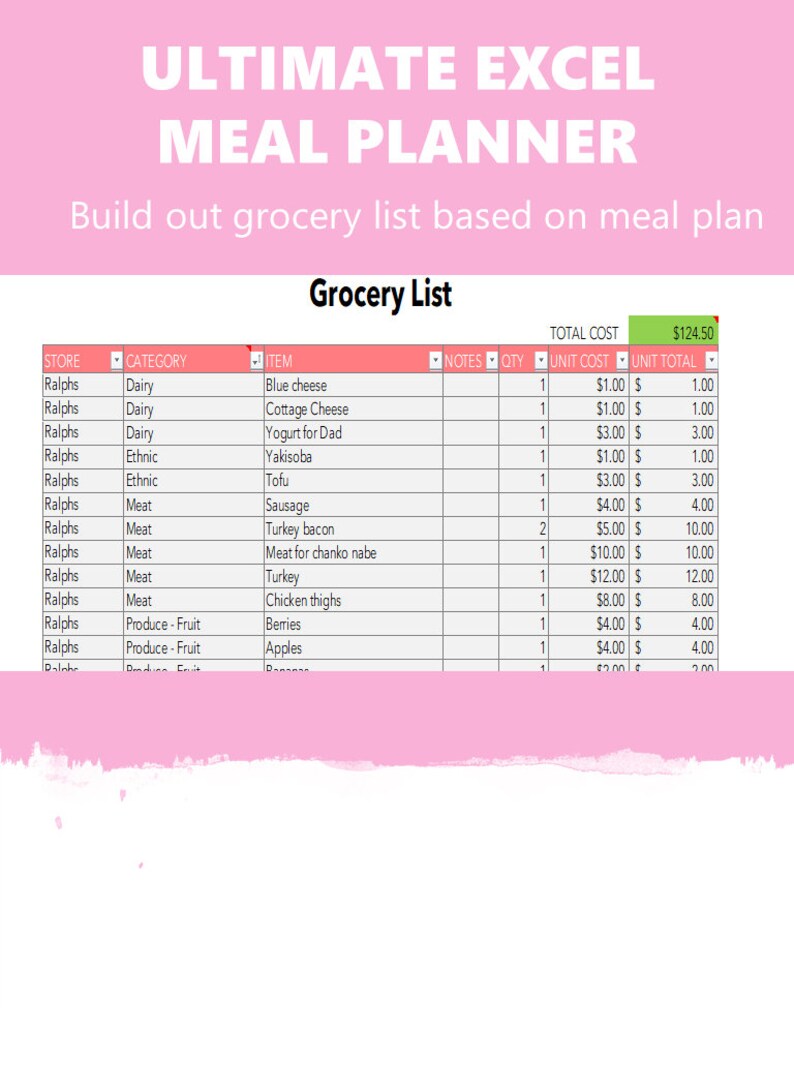 Ultimate Excel Meal Planner * Grocery List * Recipe Organization ...