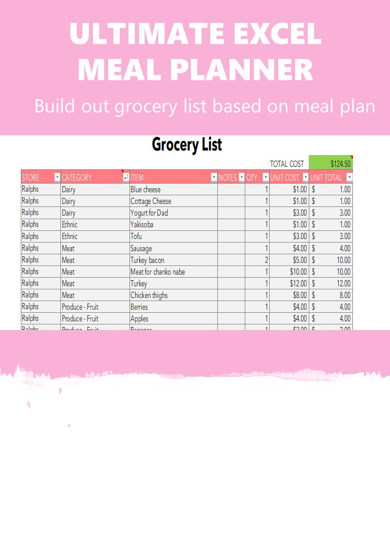 Ultimate Excel Meal Planner * Grocery List * Recipe Organization ...