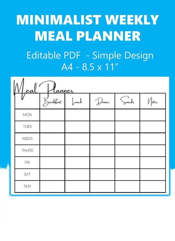 Minimalist Weekly Meal Planner Printable Instant Download - Etsy