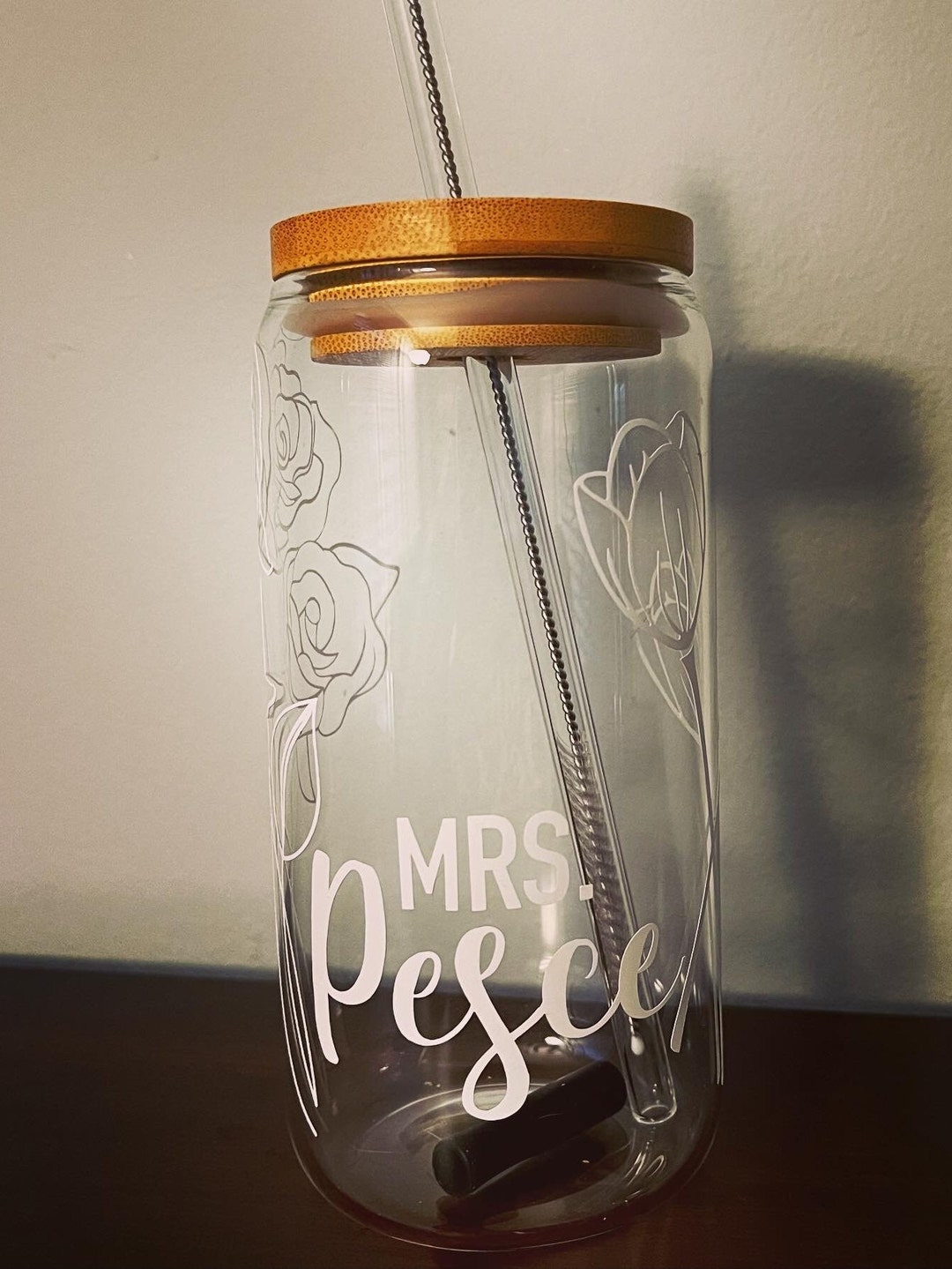 Personalized Mrs Tulips And Roses Iced Coffee Cup Glass Tumbler