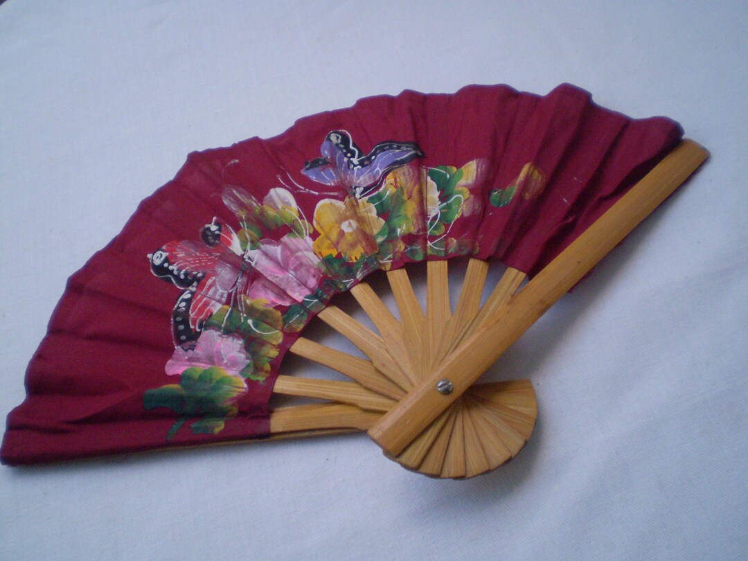 Antique Fan Painted Red Silk Wood - Etsy