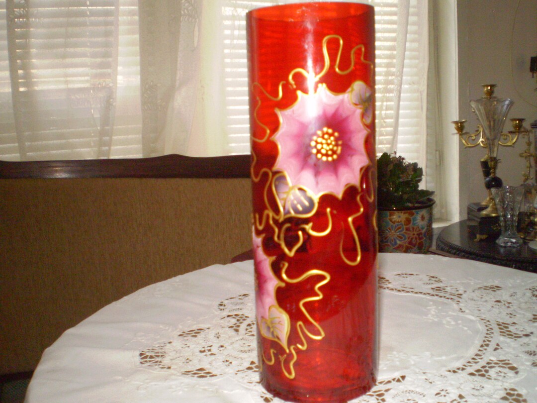 Vintage Hand Painted Large Glass Red Vase - Etsy