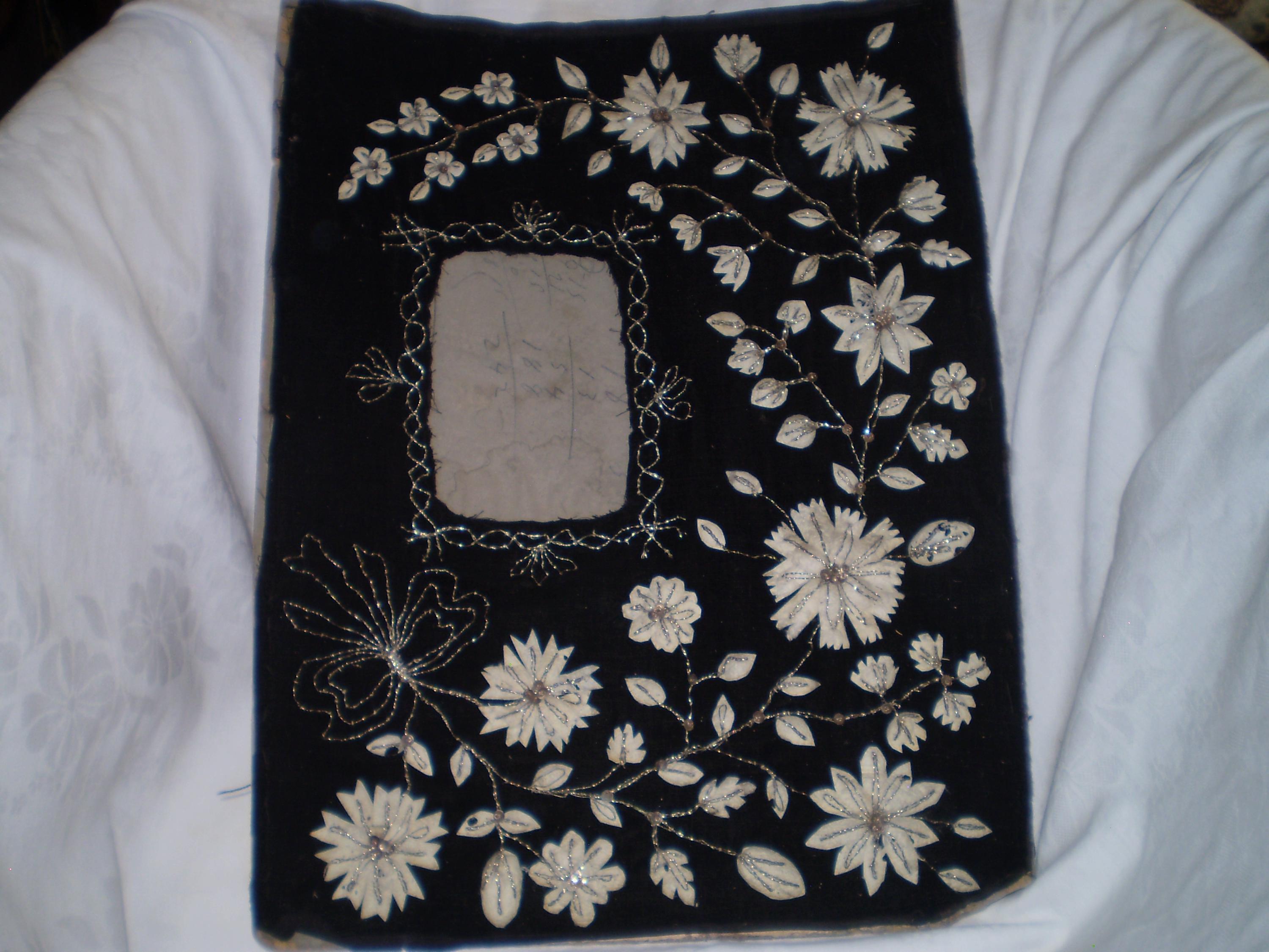 19th Century Hand Embroidered Picture Frame on Black Velvet Silver ...