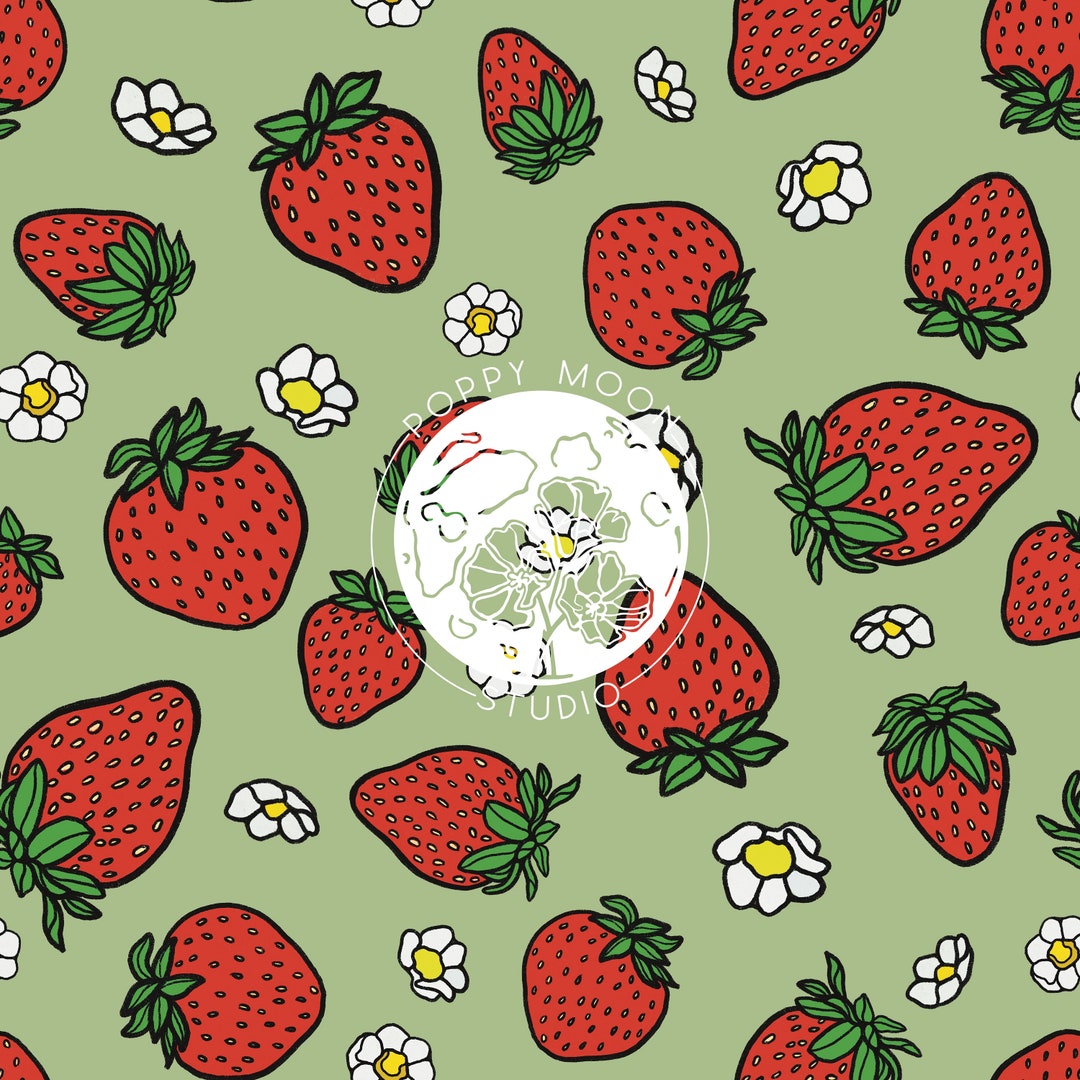 Strawberries With Green Background Seamless Repeat Pattern / Hand Drawn ...