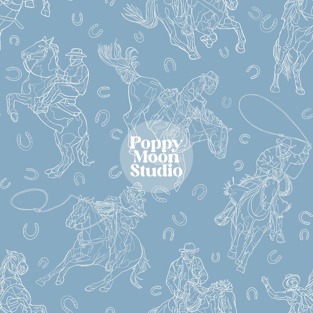 Cowboys and Horseshoes Seamless Repeat Pattern / Hand Drawn Blue ...