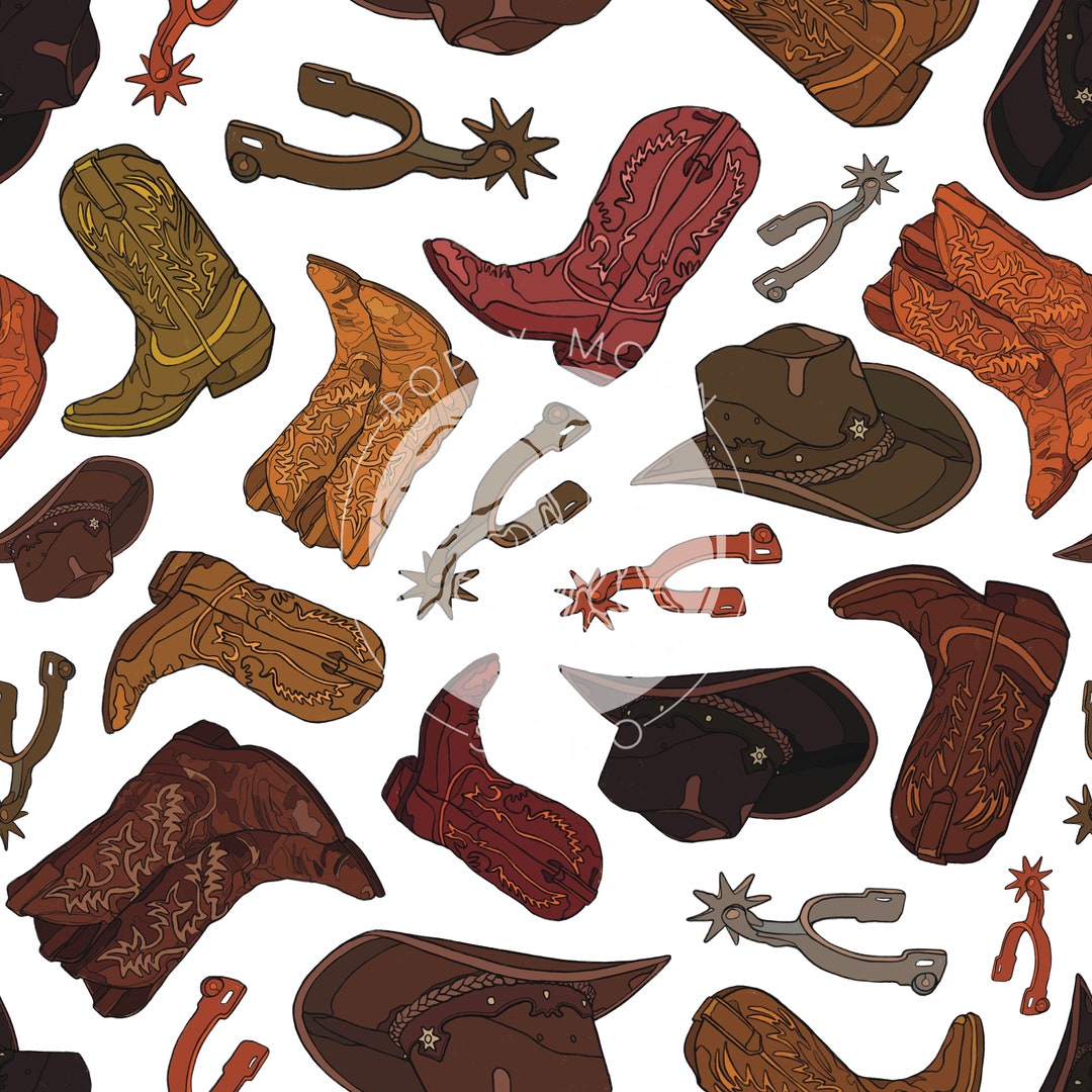 Cowboy Hat, Boots, Spurs Seamless Pattern / Western Hand Drawn Digital ...