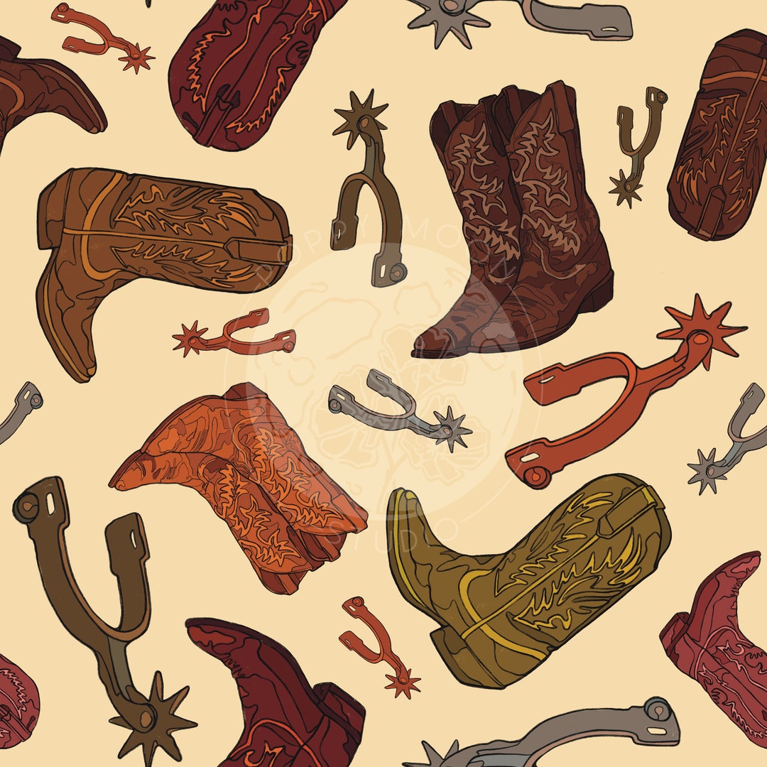 Western Boots and Spurs Seamless Pattern / Cowboy Hand Drawn Digital ...