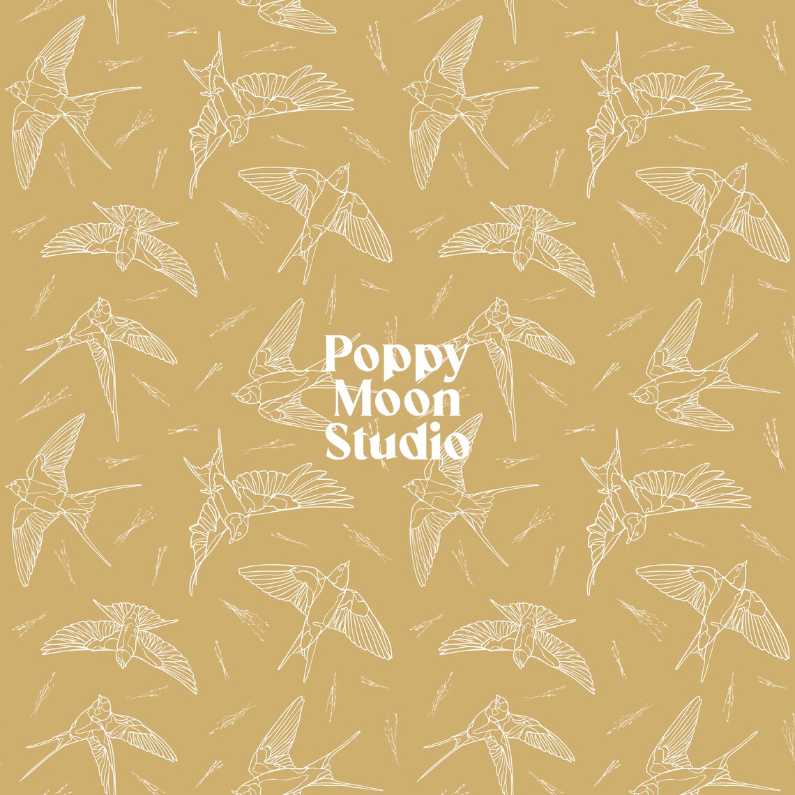 Barn Swallows Seamless Repeat Pattern Yellow / Hand Drawn Birds Fabric ...