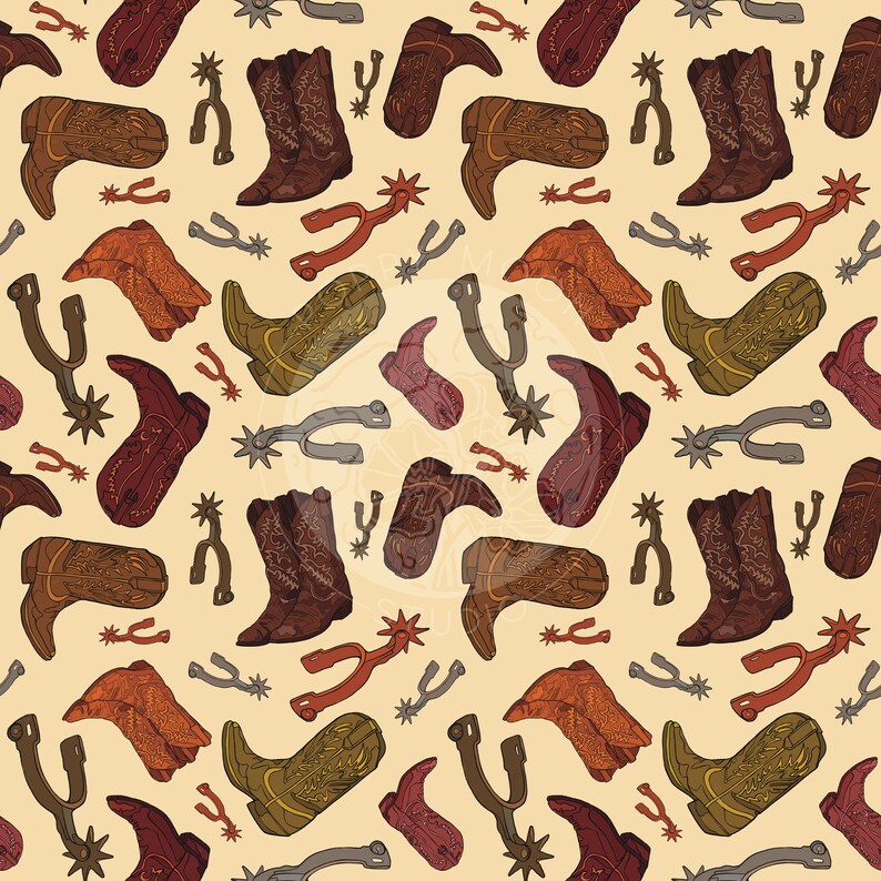 Western Boots and Spurs Seamless Pattern / Cowboy Hand Drawn Digital ...