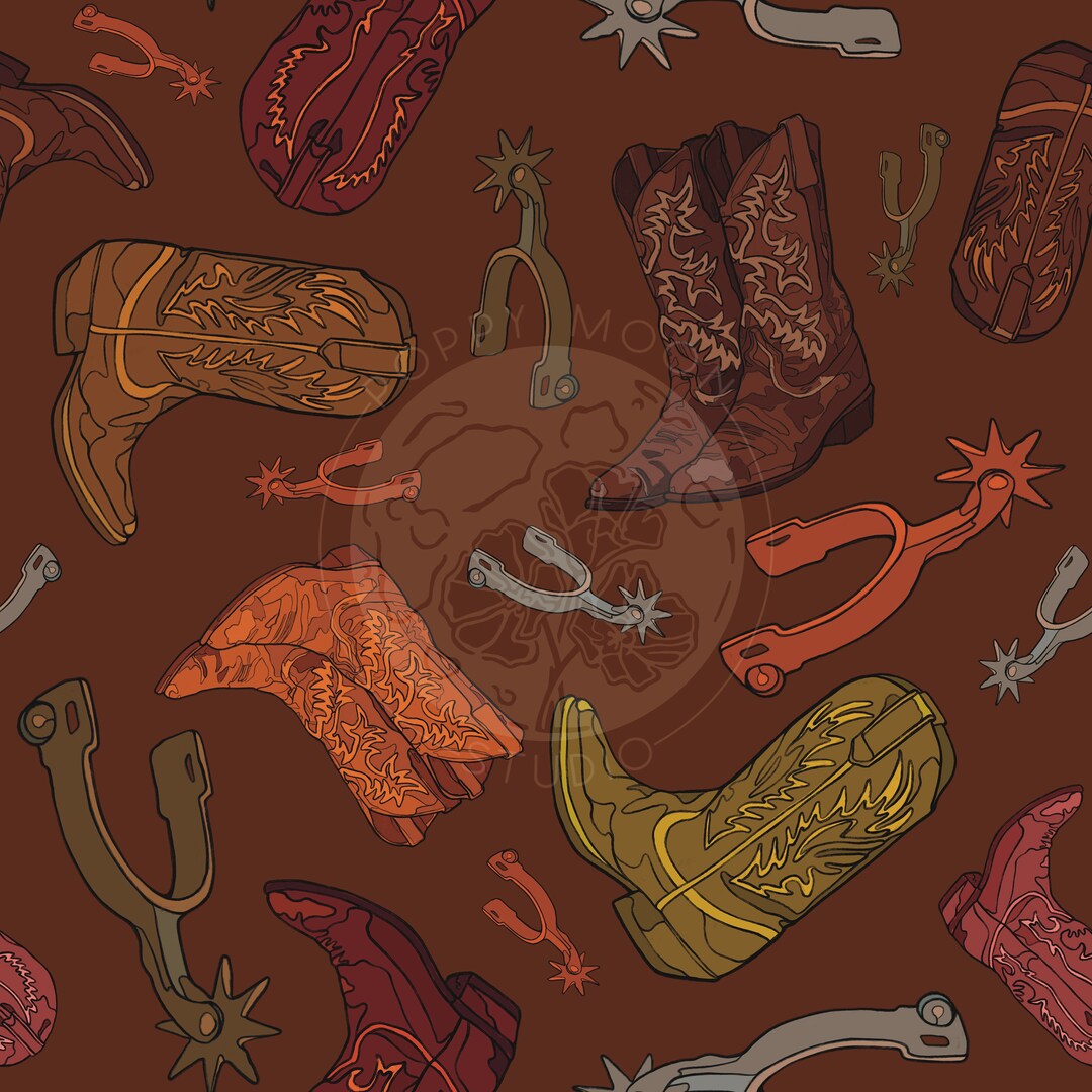 Cowboy Boots and Spurs Seamless Pattern / Western Hand Drawn Digital ...