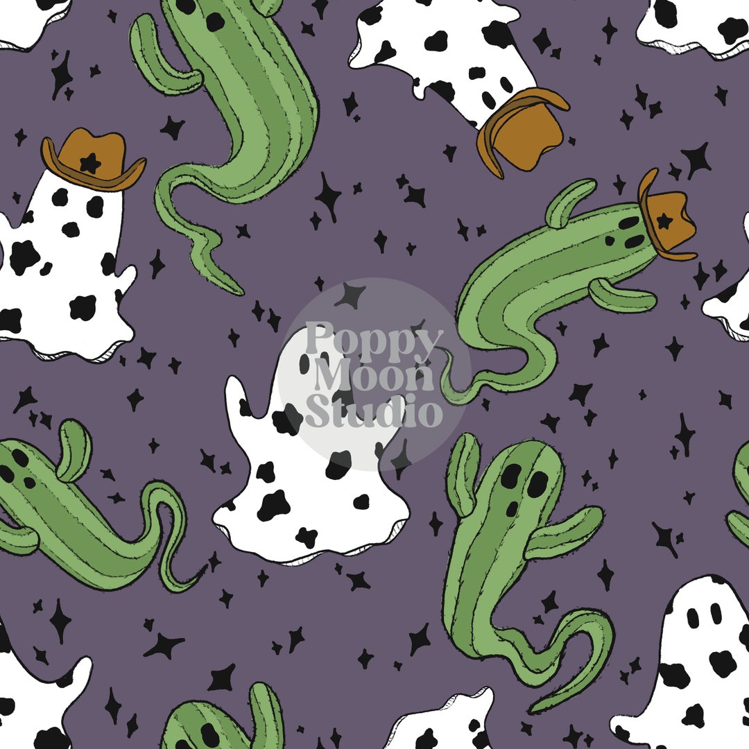 Western Ghosts Hand Drawn Seamless Repeat Pattern Halloween Cactus - Etsy