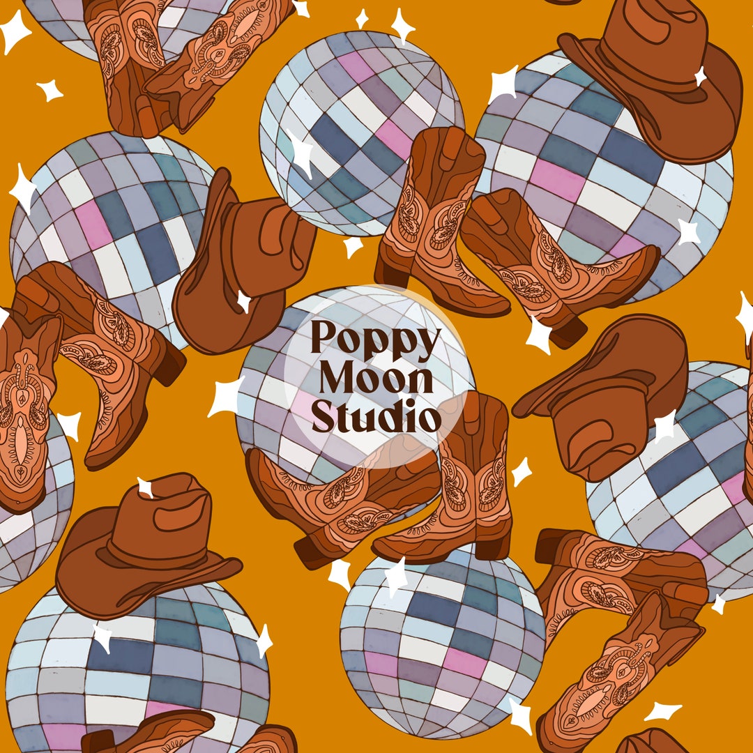 Disco Cowgirl Seamless Repeat Pattern Hand Drawn Fabric Design Country ...