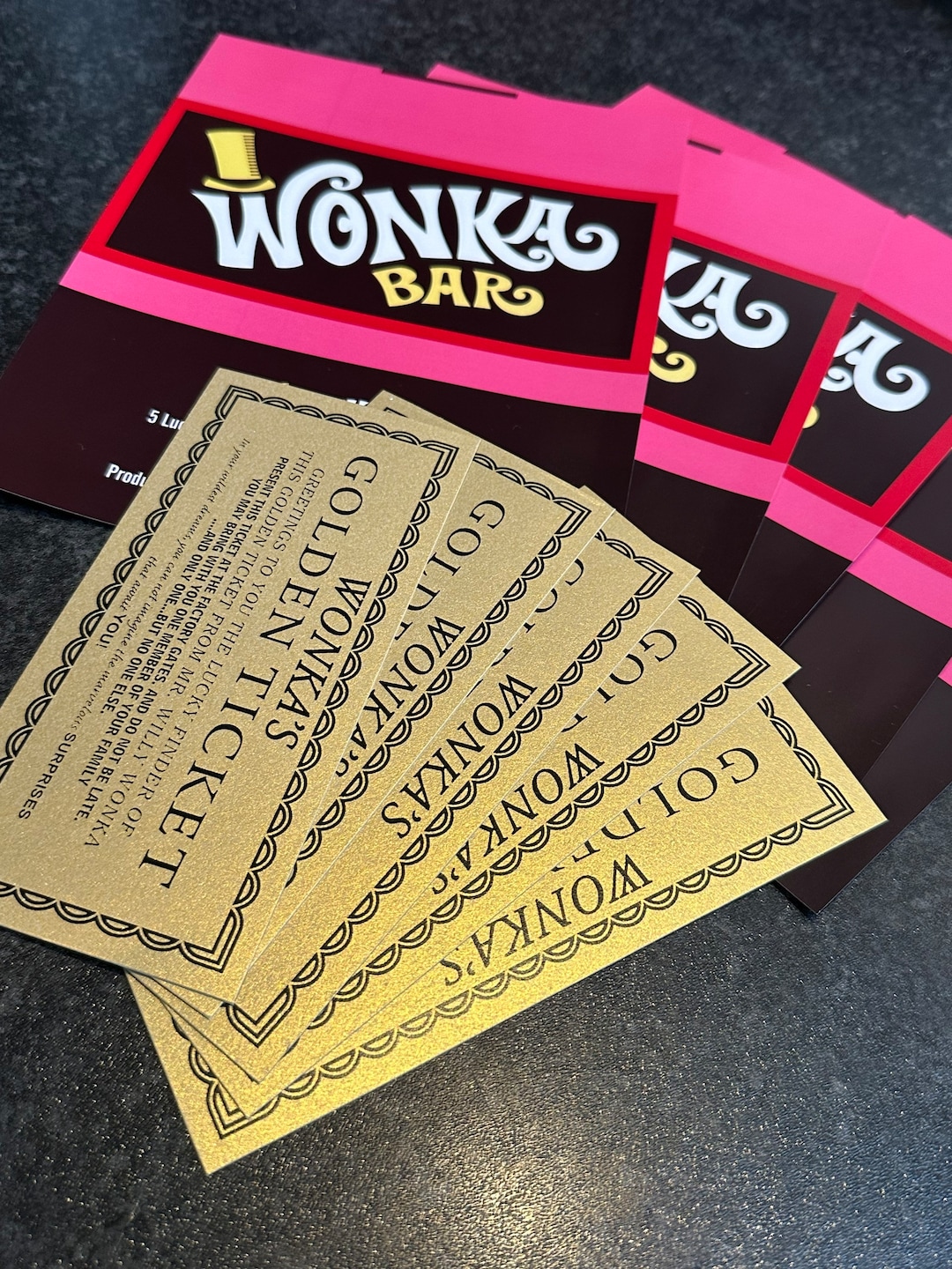 5x Willy Wonka Chocolate Bar Wrapper +5 Shiny Carded Golden Tickets ...