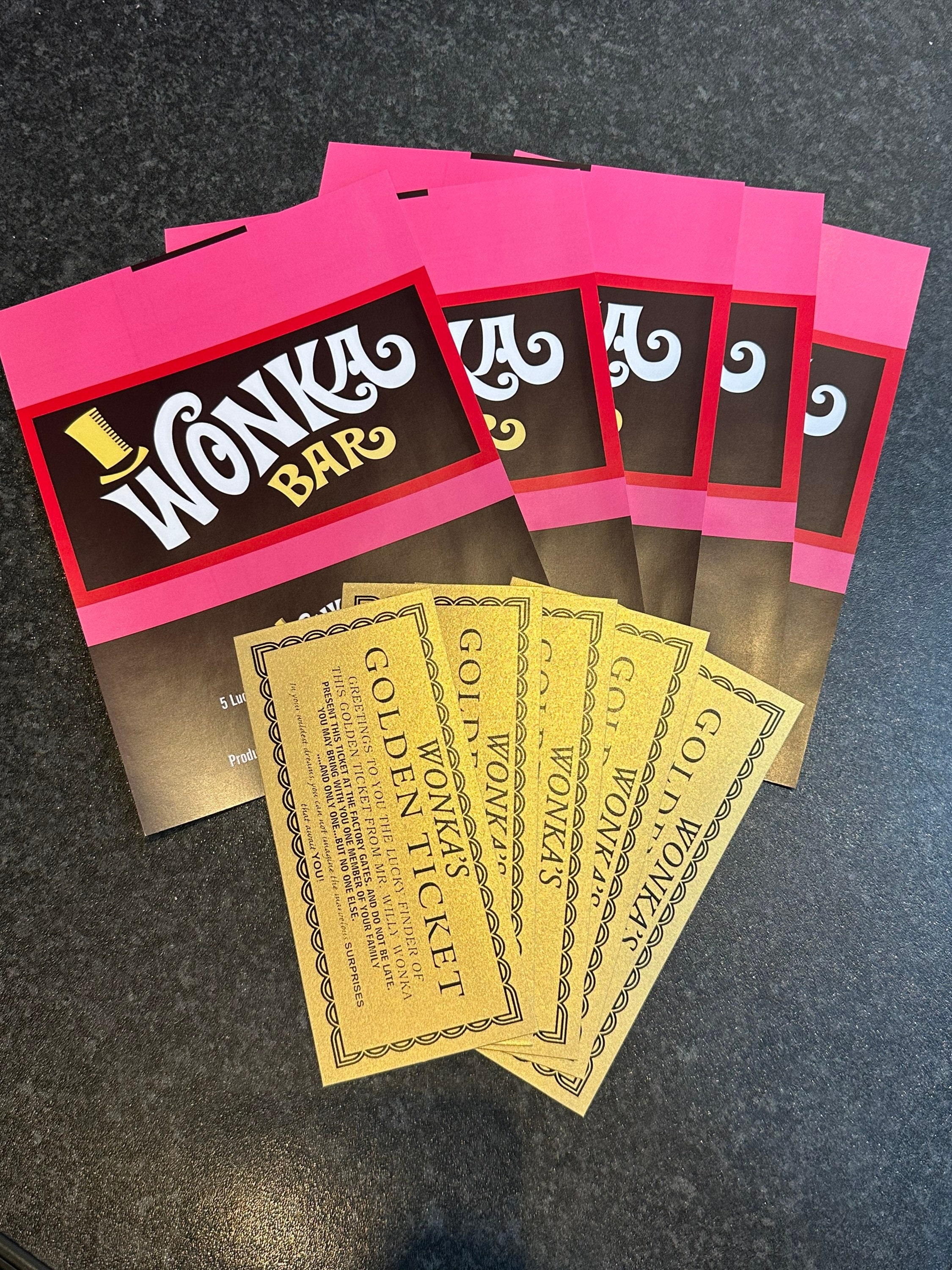5x Willy Wonka Chocolate Bar Wrapper +5 Shiny Carded Golden Tickets ...