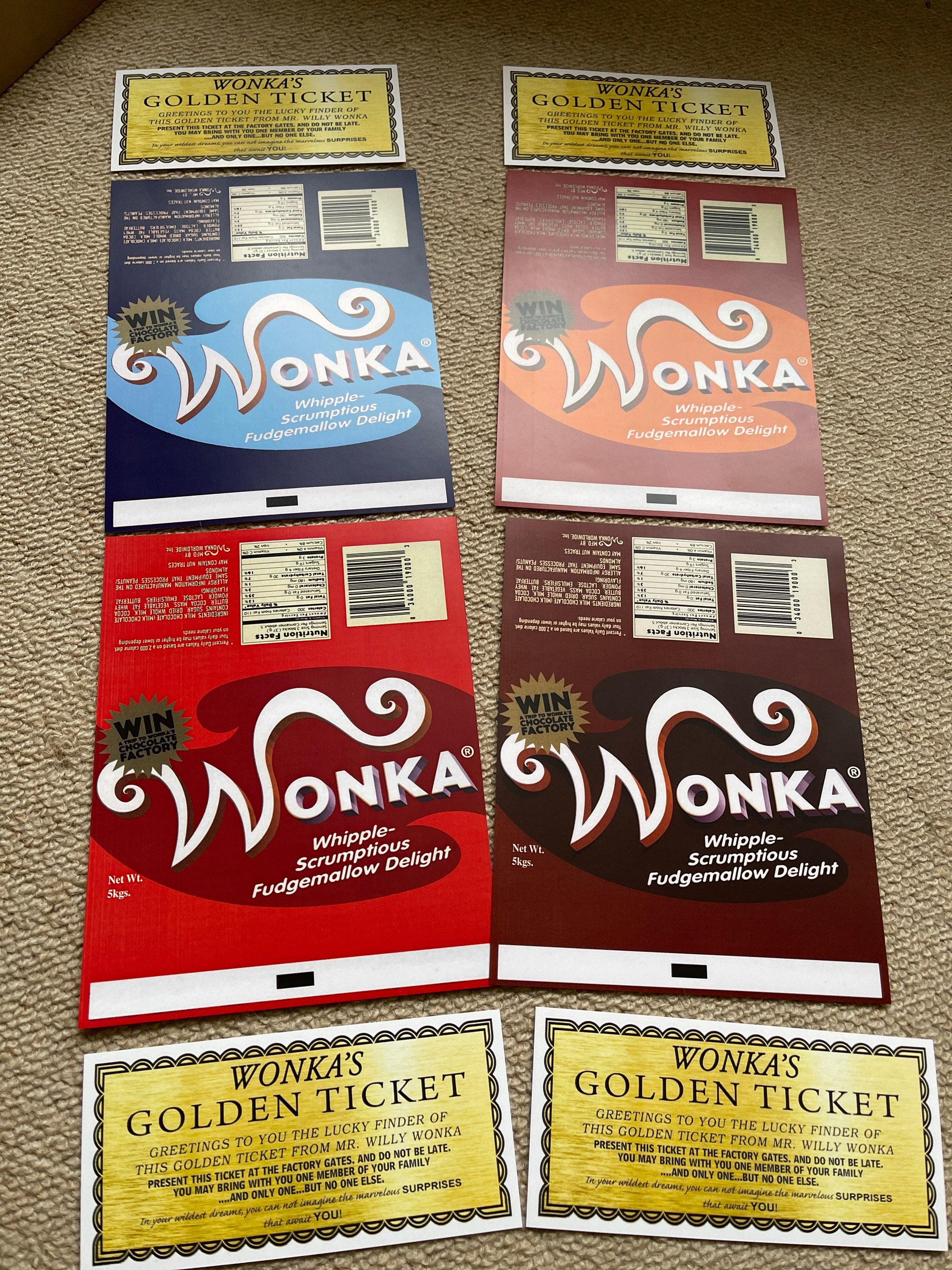 4x Willy Wonka Chocolate Bar Wrapper 4x Golden Ticket Magical Gift 2005 ...
