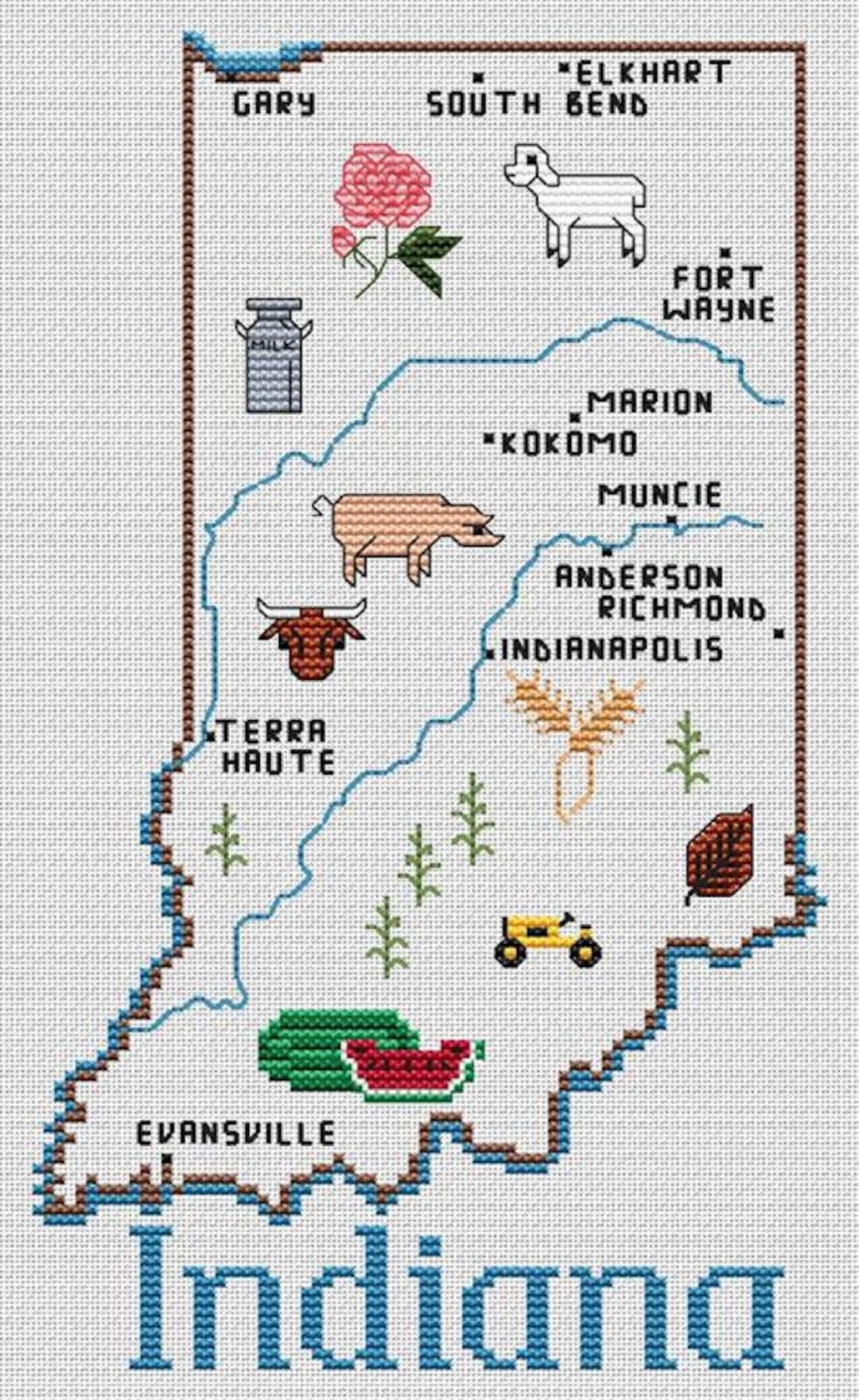 Indiana Map Counted Cross Stitch Pattern - Etsy