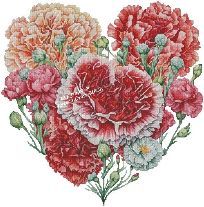 Choice of 2 Sizes - Carnations Heart Counted Cross Stitch Pattern by ...