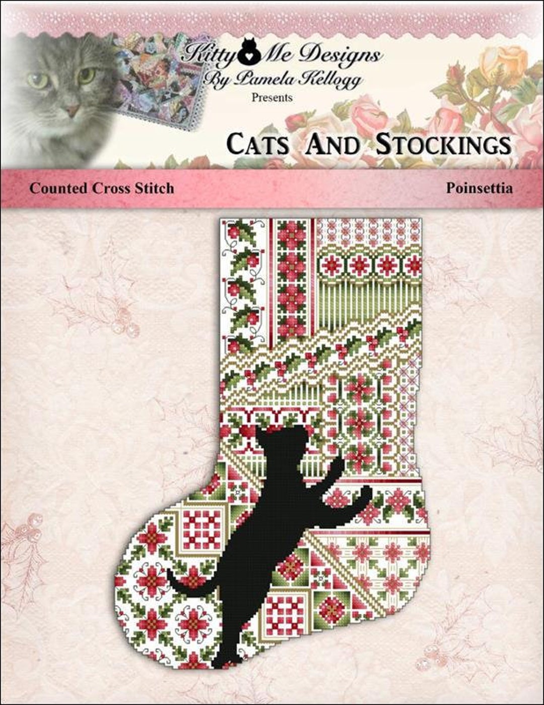 Counted Cross Stitch Pattern - Cats and Stockings Poinsettia Kitty & Me ...