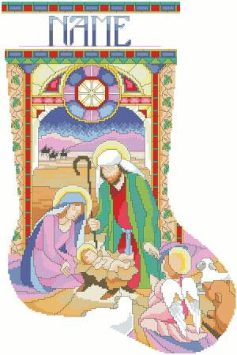 Stained Glass Nativity Stocking Counted Cross Stitch Pattern by Kooler ...
