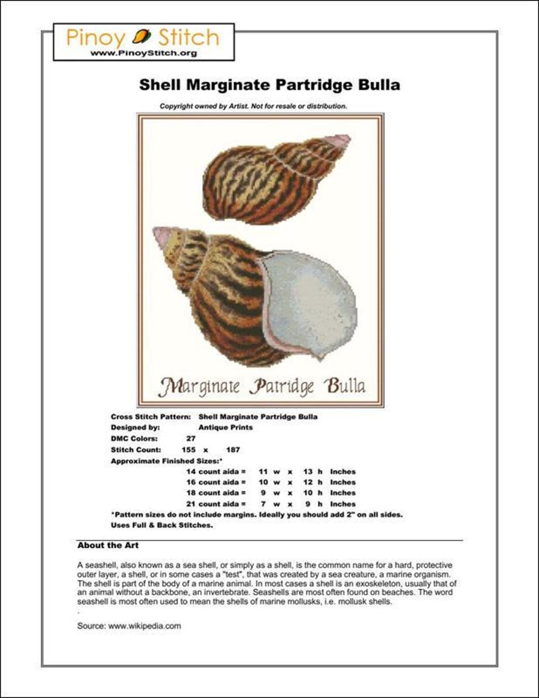 Shell Marginate Partridge Bulla Counted Cross Stitch Pattern by ...