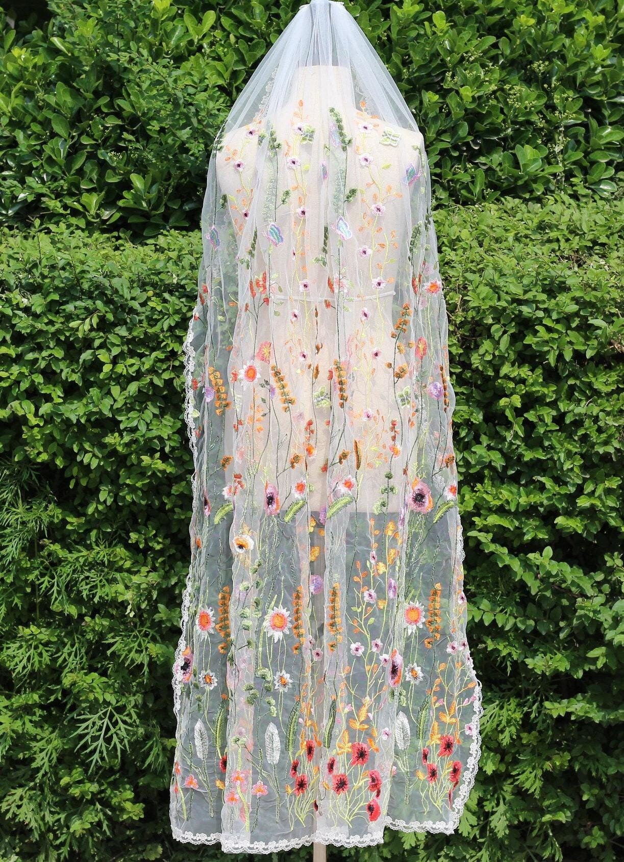 Embroidered Wildflower Bridal Veil, Orange Floral Wedding Veil - Etsy