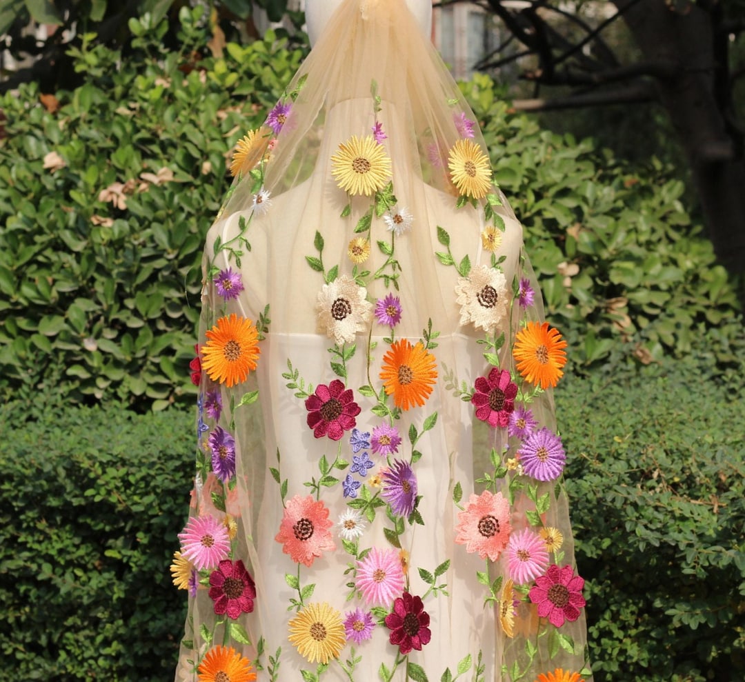 Colorful Embroidered Flower Wedding Veil, Lace Edge - Etsy