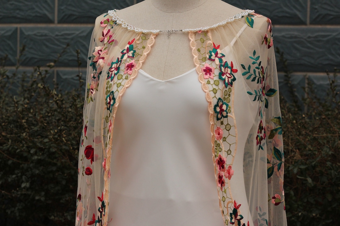 Flower Bridal Cape,floral Cape Veil,embroidered Cape,flower Wedding ...