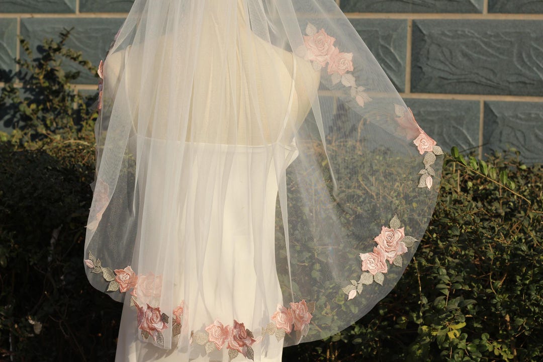 Pink Flower Veil,pink Rose Floral Wedding Veil Embroidered Blush Flower ...