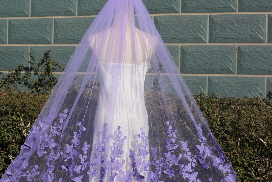 Purple 3D Floral Butterfly Wedding Veil, Embroidered Boho Veil - Etsy