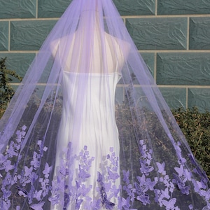 Purple 3D Floral Butterfly Wedding Veil, Embroidered Boho Veil - Etsy