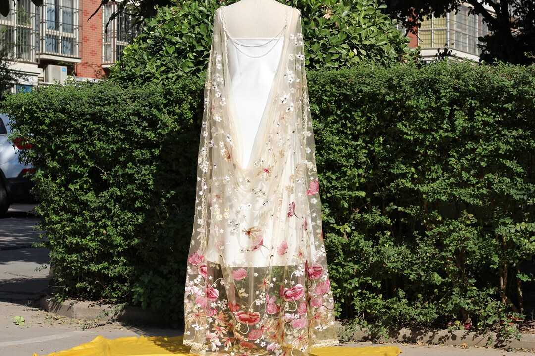 Pink Flower Cape,floral Wedding Cape,bridal Cape Veil,embroidered ...