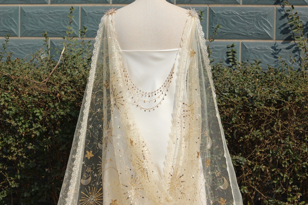 Gold Celestial Wedding Cape,bridal Cape Stars,moon Cape,glitter Star ...