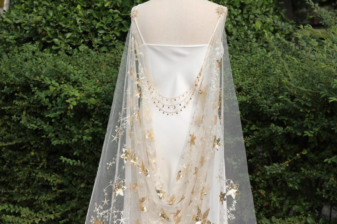 Glitter Star Cape Veil,tulle Cape With Stars,celestial Wedding Cape ...