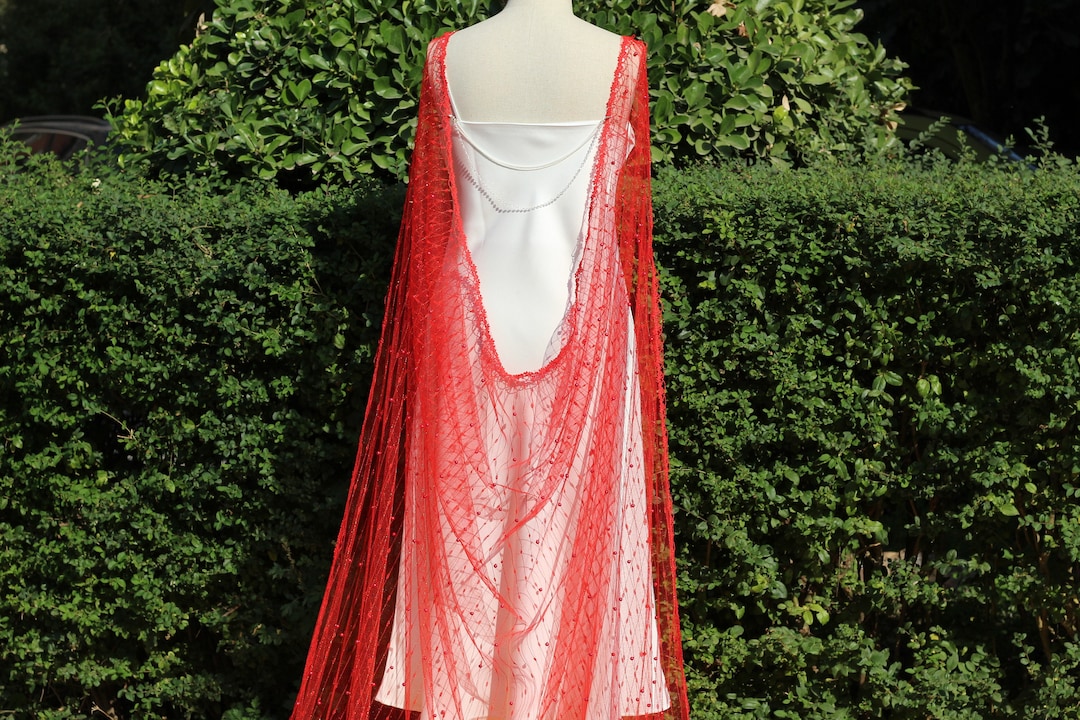 Red Tulle Cape,red Pearl Cape,sheer Cape,red Cape Veil With Pearls ...