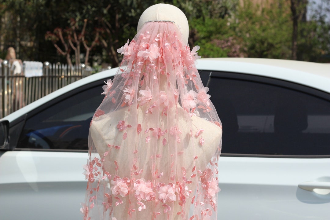 3D Floral Embroidered Wedding Veil, Pink Flower Bridal Veil - Etsy