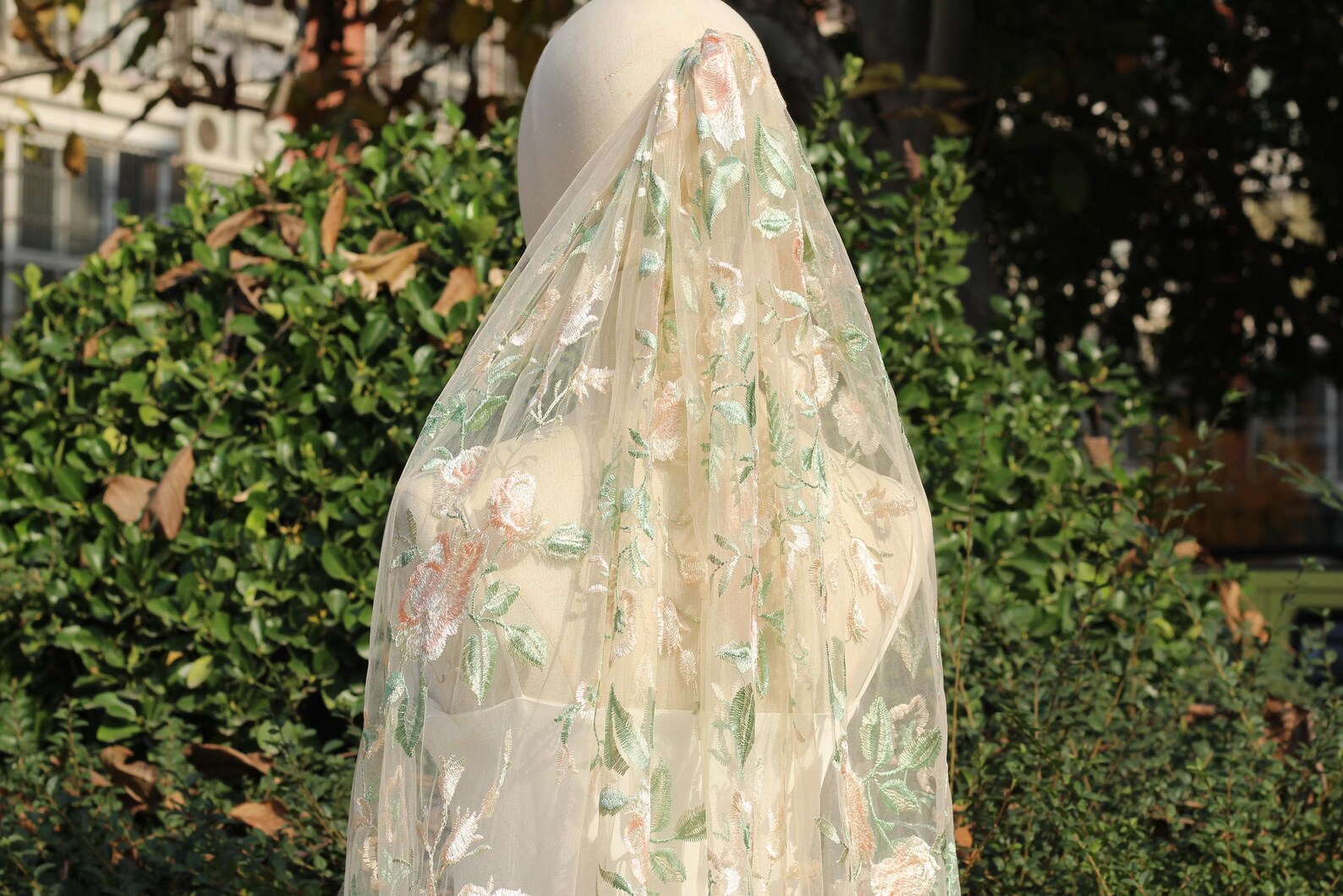 Embroidered Floral Wedding Veil, Pink Peachy Flower, Green Leaves ...