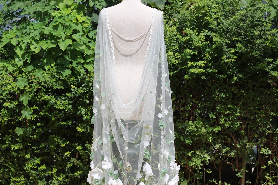 Green Floral Wedding Cape,wildflower Bridal Cape,3d Embroidered Wedding ...