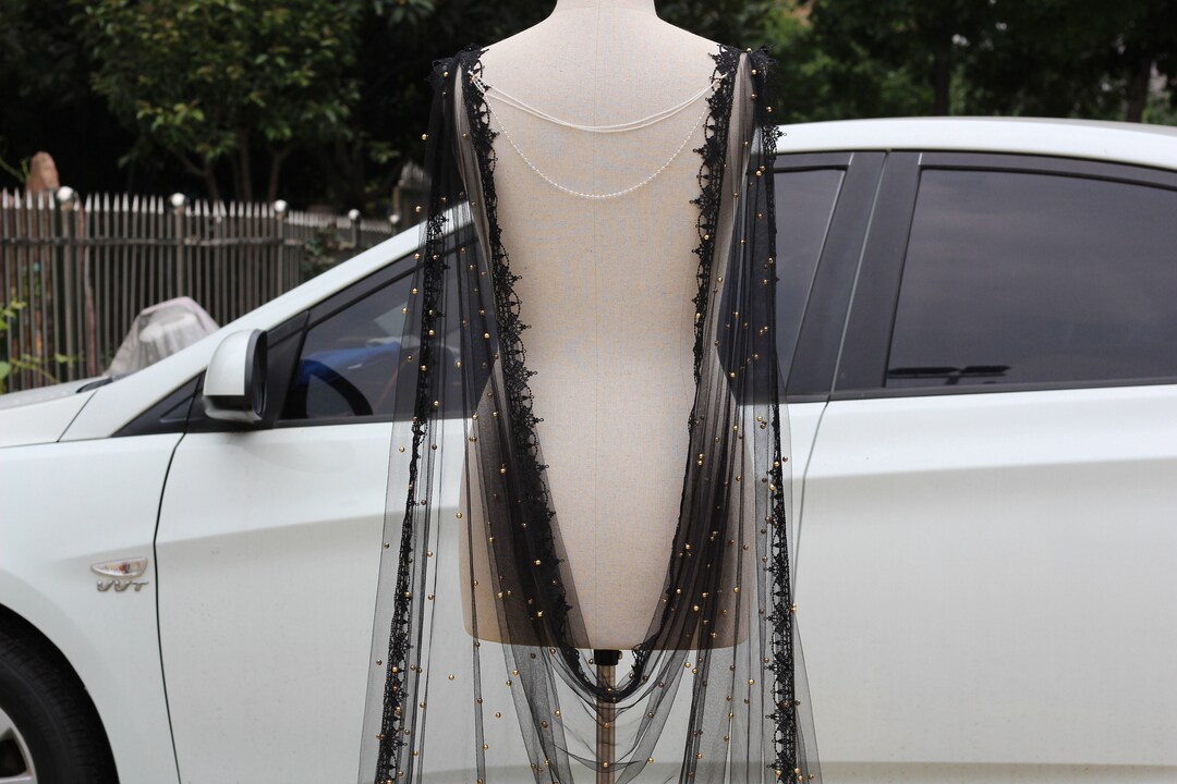 Black Pearl Cape,black Cape Veil With Pearls,wedding Cape Veil,pearl ...