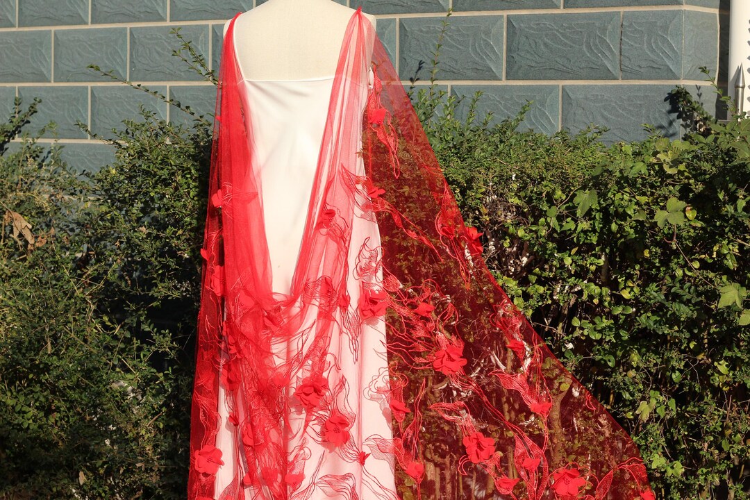 Red Floral Wedding Cape Embroidered,bridal Cape Veil Floral 3d Flower ...
