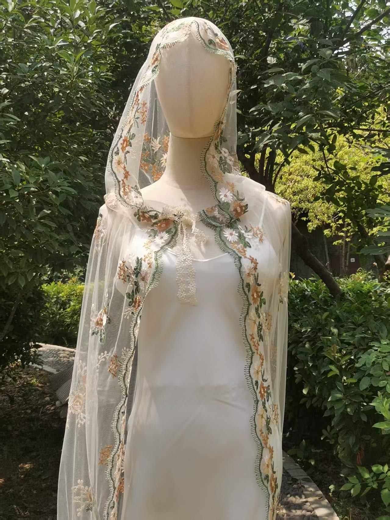 Floral Lace Wedding Cape Veil With Hood, Green Leaf Bridal Cloak - Etsy