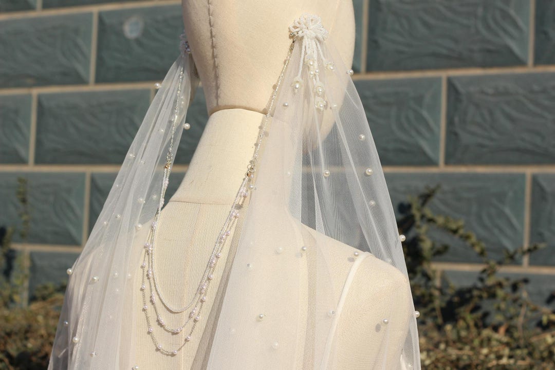 Boho Draped Wedding Veils,vintage Drape Veil With Pearls Wedding Draped ...