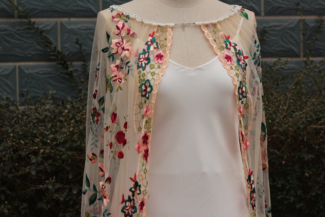 Flower Bridal Cape,floral Cape Veil,embroidered Cape,flower Wedding ...