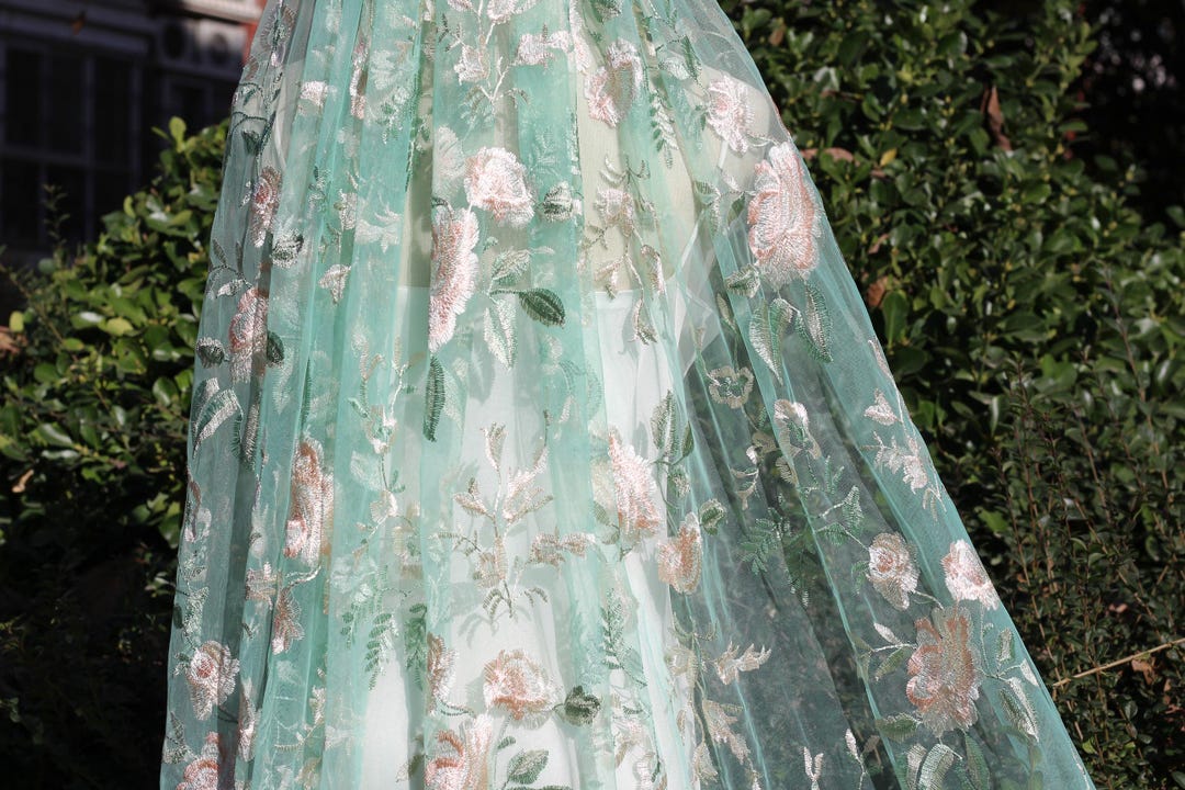 Green Pink Roses Floral Veil,flower Wedding Veil Green Embroidery ...